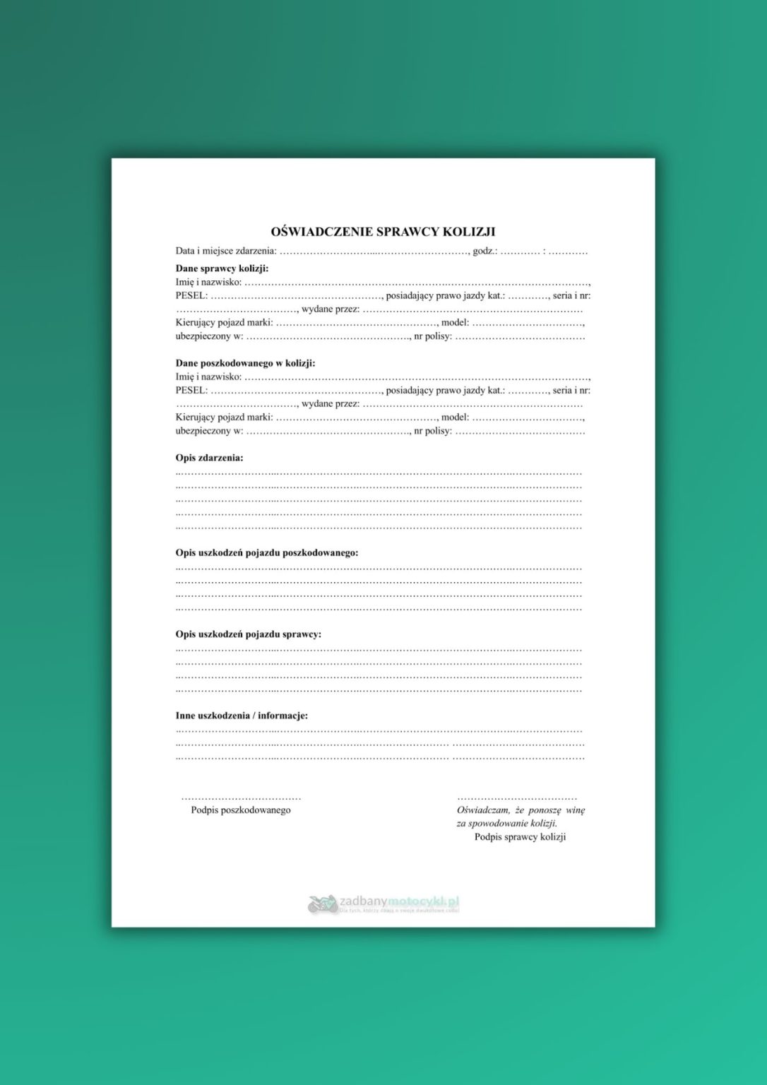 Oświadczenie sprawcy kolizji – gotowy wzór PDF do druku – zadbanymotocykl.pl